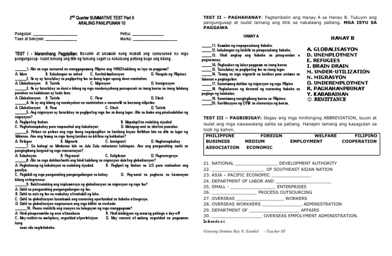 2nd Quarter Summative Test Part II | PDF