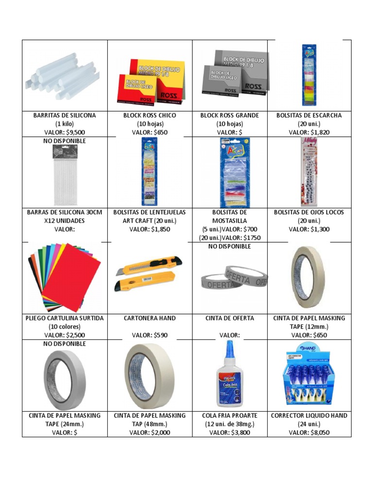 Listado De Productos De Papelería Materiales De Arte Y Oficina Con