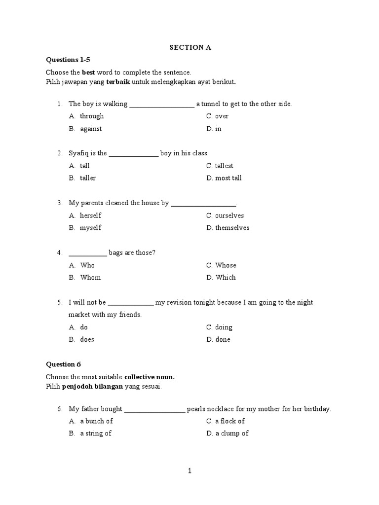 Soalan Pat 2020 Bi Year 5 Pem | PDF | Language Mechanics | Grammar