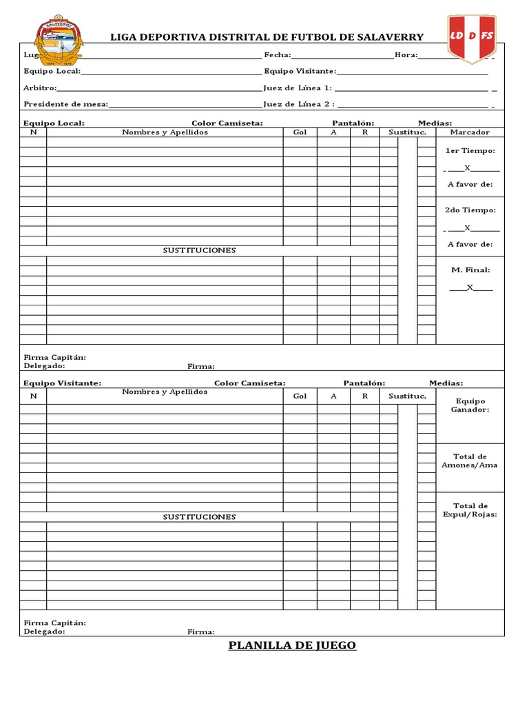 Planilla De Juego Futbol Pdf Deportes Asociación De Futbol