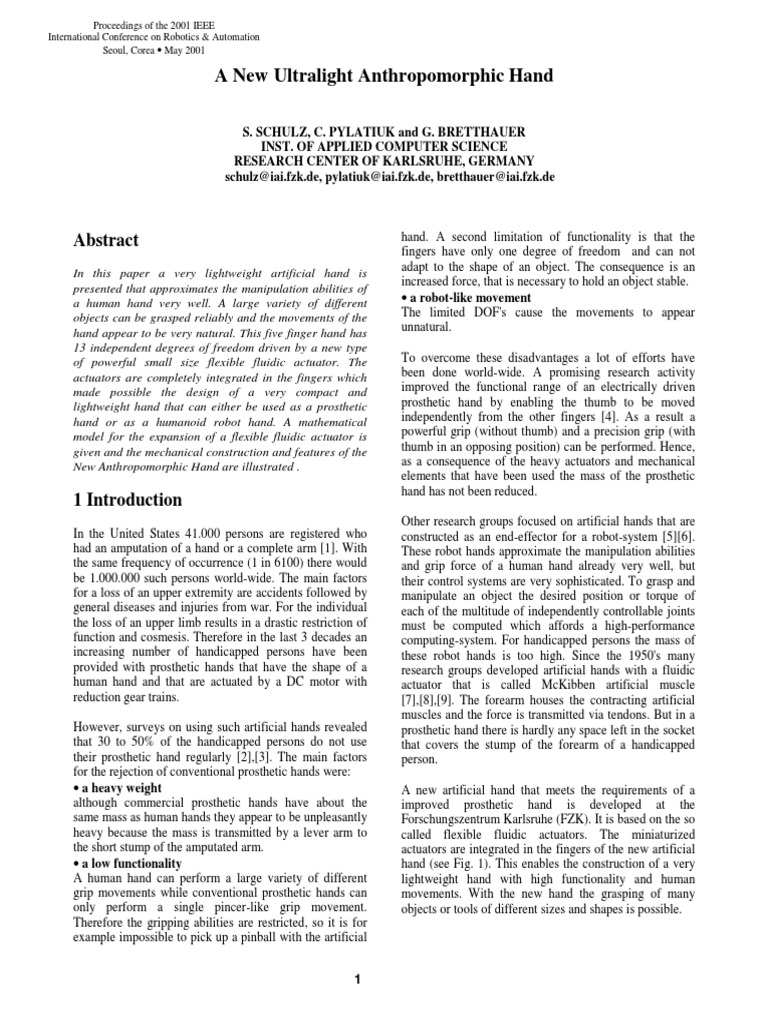 Ultralight Anthropomorphic Hand Design | PDF | Hand | Prosthesis