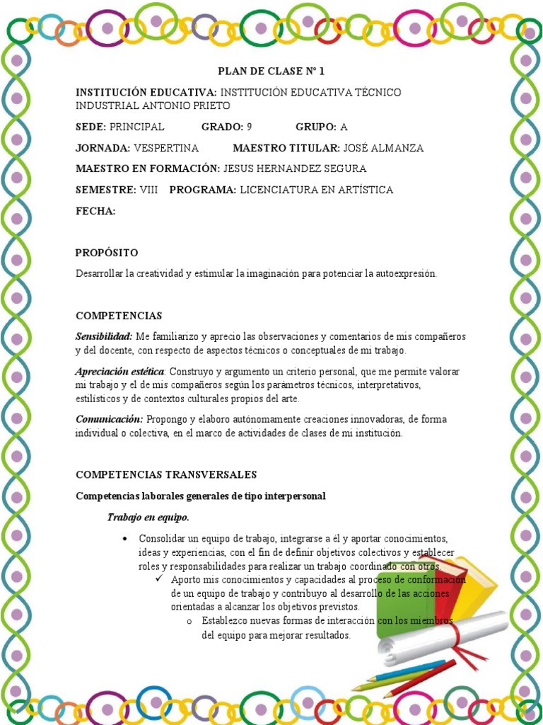 PLAN DE CLASE #1 - Grado 9A, B, C | PDF | Artes y manualidades