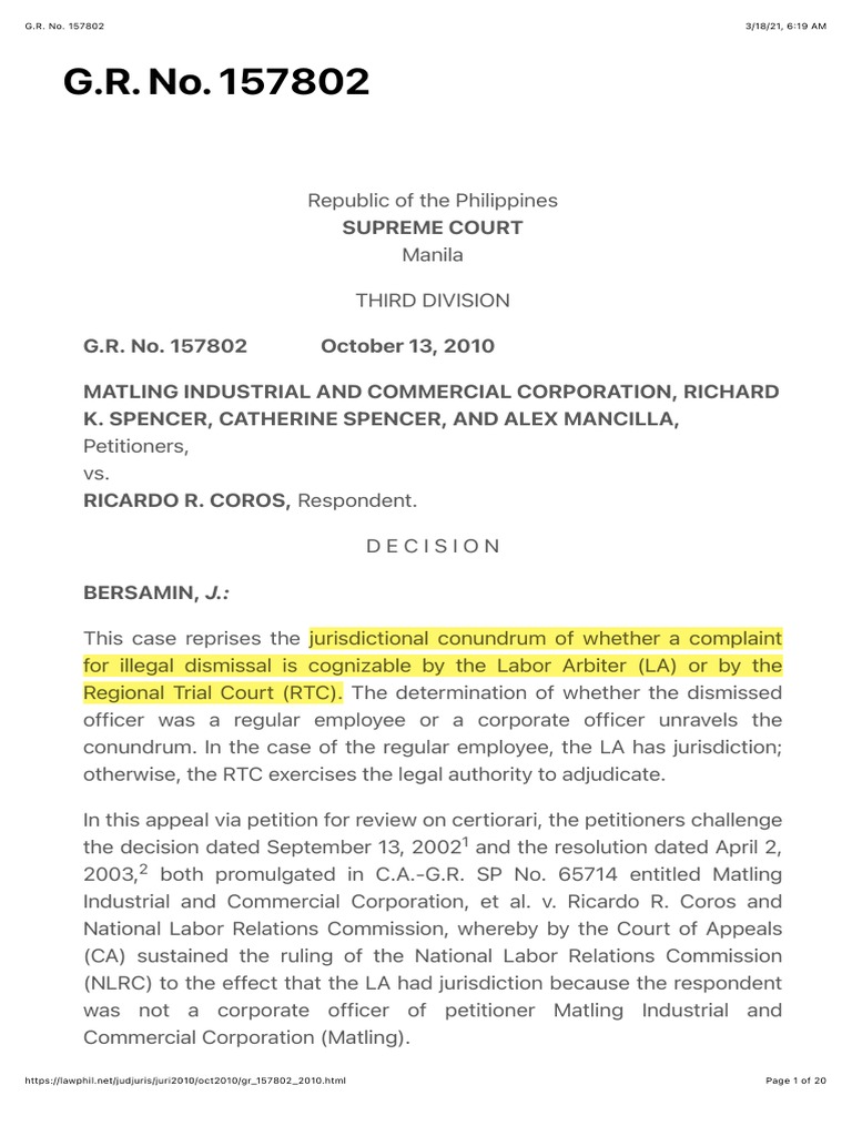 Matling Corporation v. Corros - GR 157802 Oct. 13, 2010 | PDF | Board ...