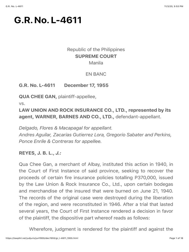 Qua Chee Gan v. Law Union, - GR L-4611 1955 | PDF | Estoppel | Insurance
