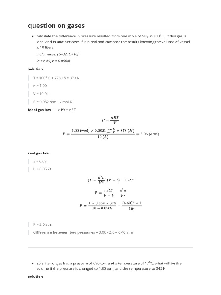 Question On Gases | PDF | Gases | Mole (Unit)