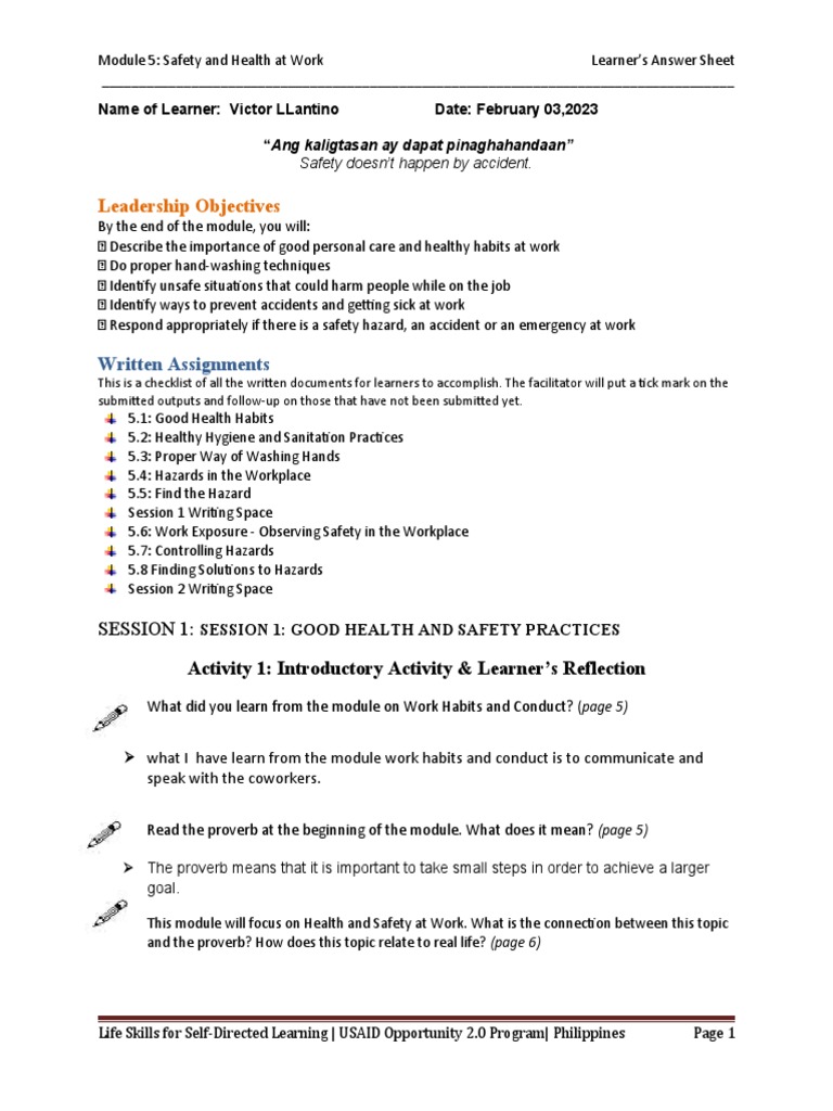 4 Answer Sheet For Module 4 | PDF | Learning | Occupational Safety And ...