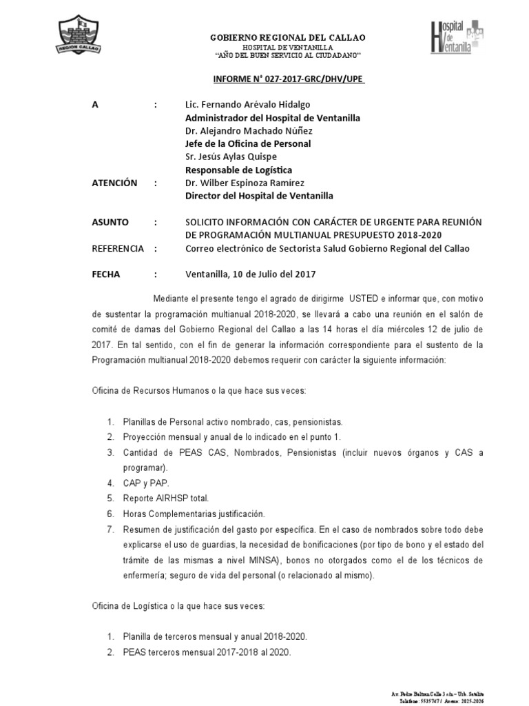 Informe N°027-Dirección-Solicitud de Información Ppto 2018-10-07-2017 | PDF | Hospital | Presupuesto