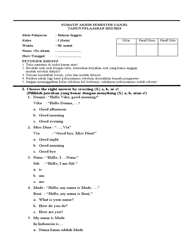 Soal Sas Bahasa Inggris Semester 1 Kelas 1 | PDF