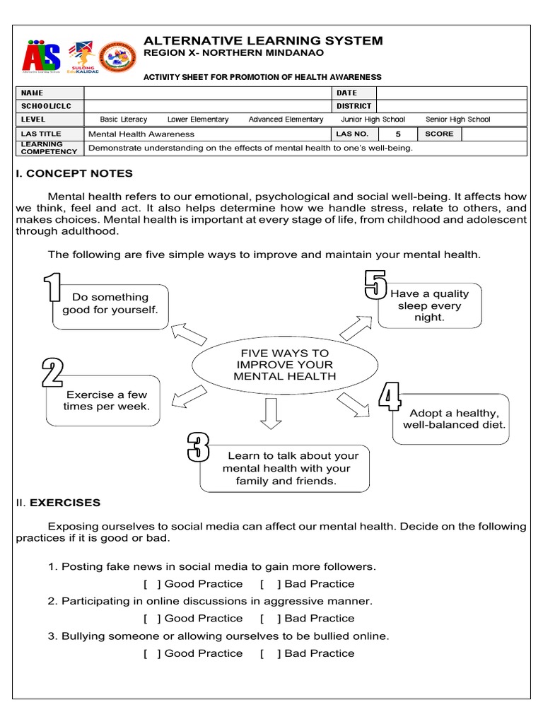 Health Awareness Activity Sheet | PDF | Mental Health | Social Media