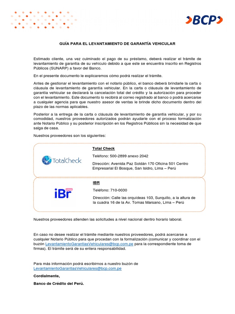 Guía para El Levantamiento de Garantía Vehicular - Viabcp PDF | PDF