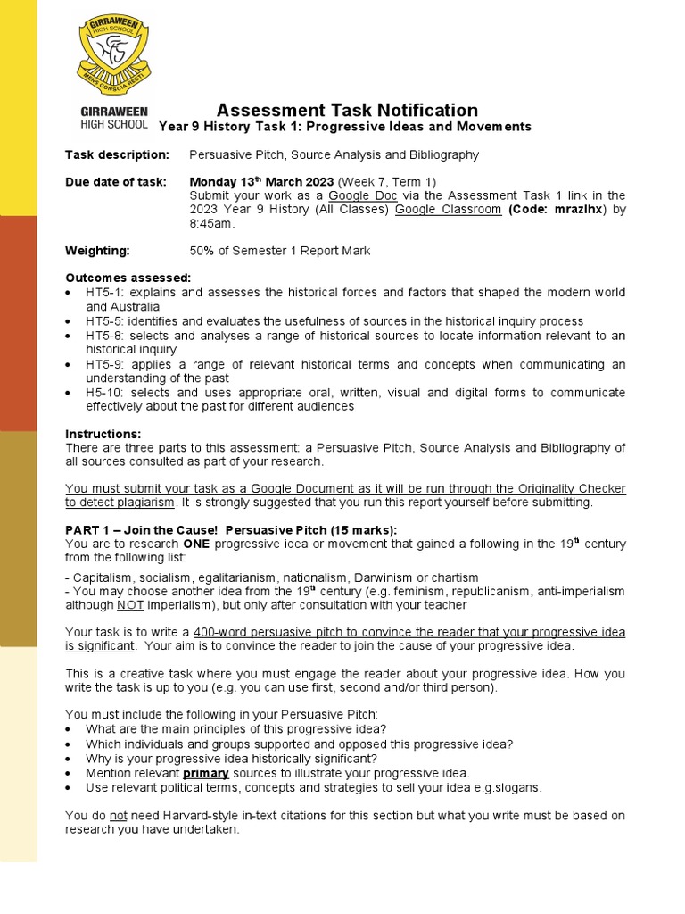 2023 Assessment Task 1 Year 9 History | PDF | Idea | Citation