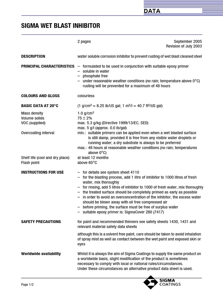 Sigma Wet Blast Inhibitor PDF | PDF | Safety | Paint