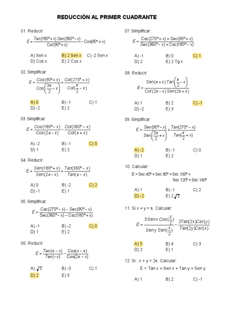 Reducción Al Primer Cuadrante | PDF | Triángulo | Matemática Elemental