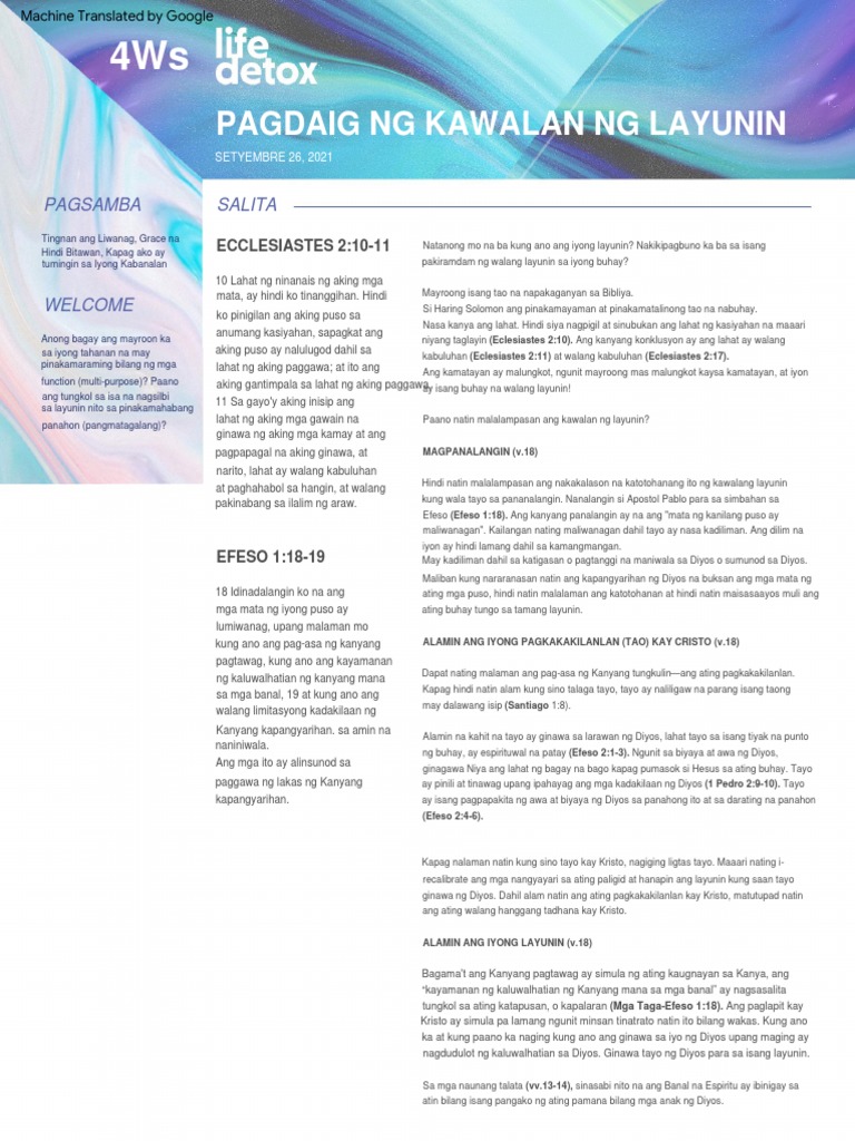 4Ws LIFE DETOX OVERCOMING PURPOSELESSNESS SEPT 26 21 MAIN PDF | PDF