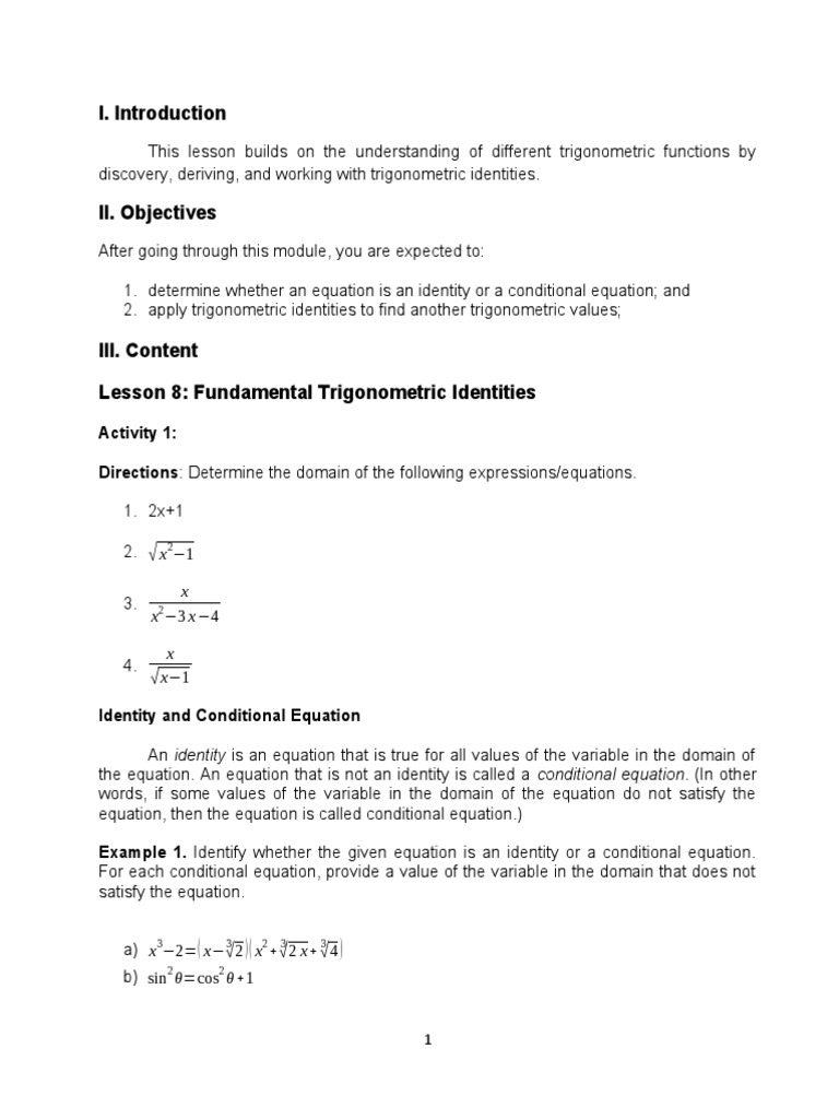 Module 8 Lesson 8 Trigo Identities | PDF | Equations | Trigonometric Functions