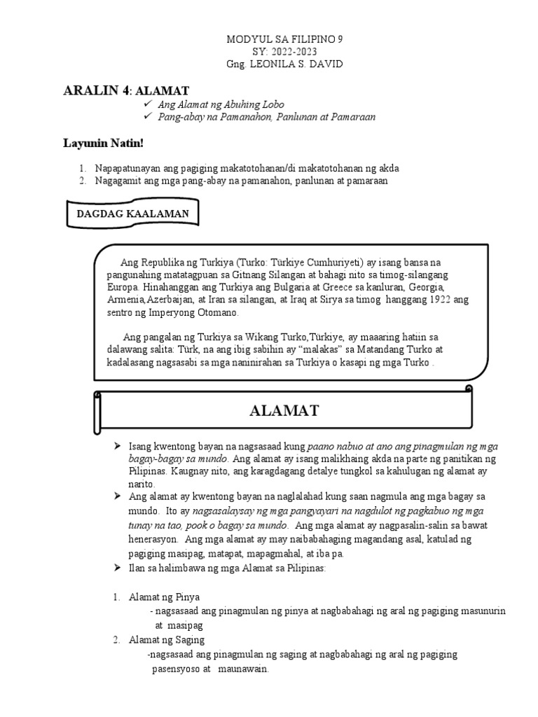 3rd Quarter Module Sa Filipino 9 Aralin 4 | PDF
