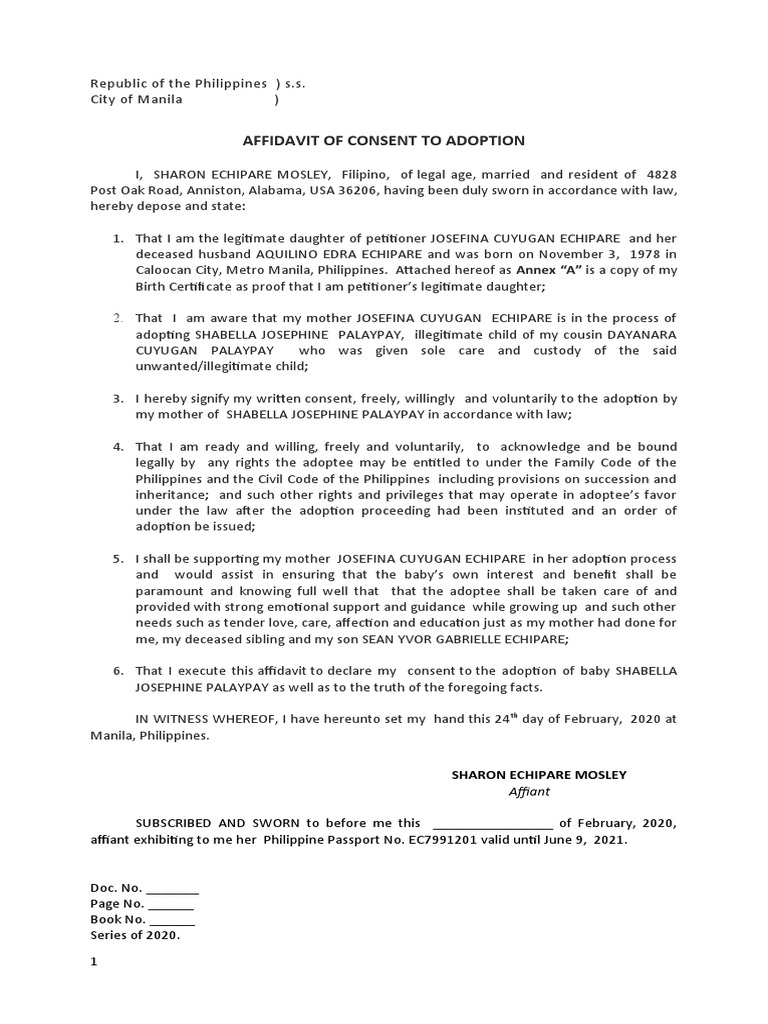 Affidavit of Consent of Sharon Mosley | PDF | Affidavit | Adoption