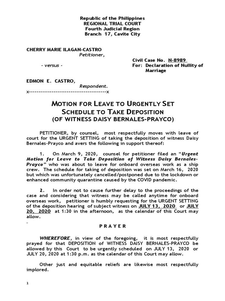 Motion To Take Deposition Bernales | PDF | Judiciaries | Government