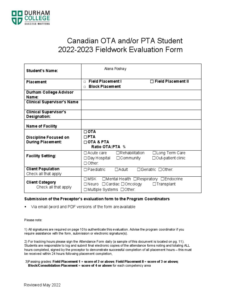 OTA/PTA Fieldwork Evaluation Form | PDF | Communication | Performance ...