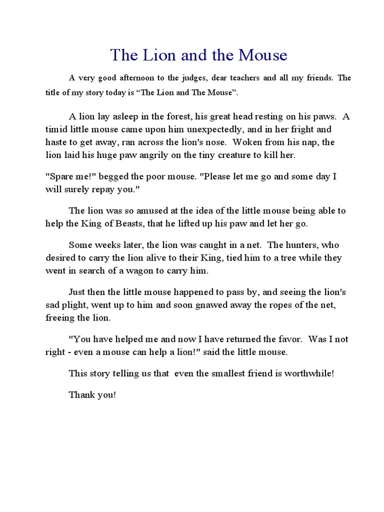 The Lion and the Mouse: A Fable of Friendship | PDF