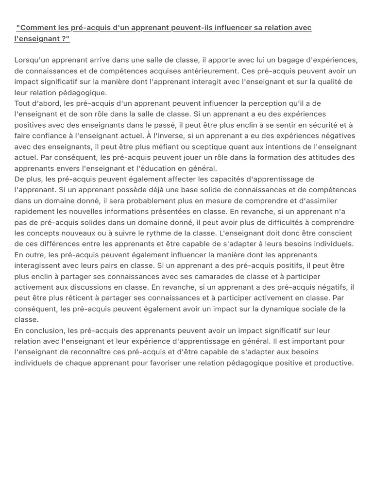"Comment Les Pré-Acquis D'un Apprenant Peuvent-Ils Influencer Sa | PDF ...