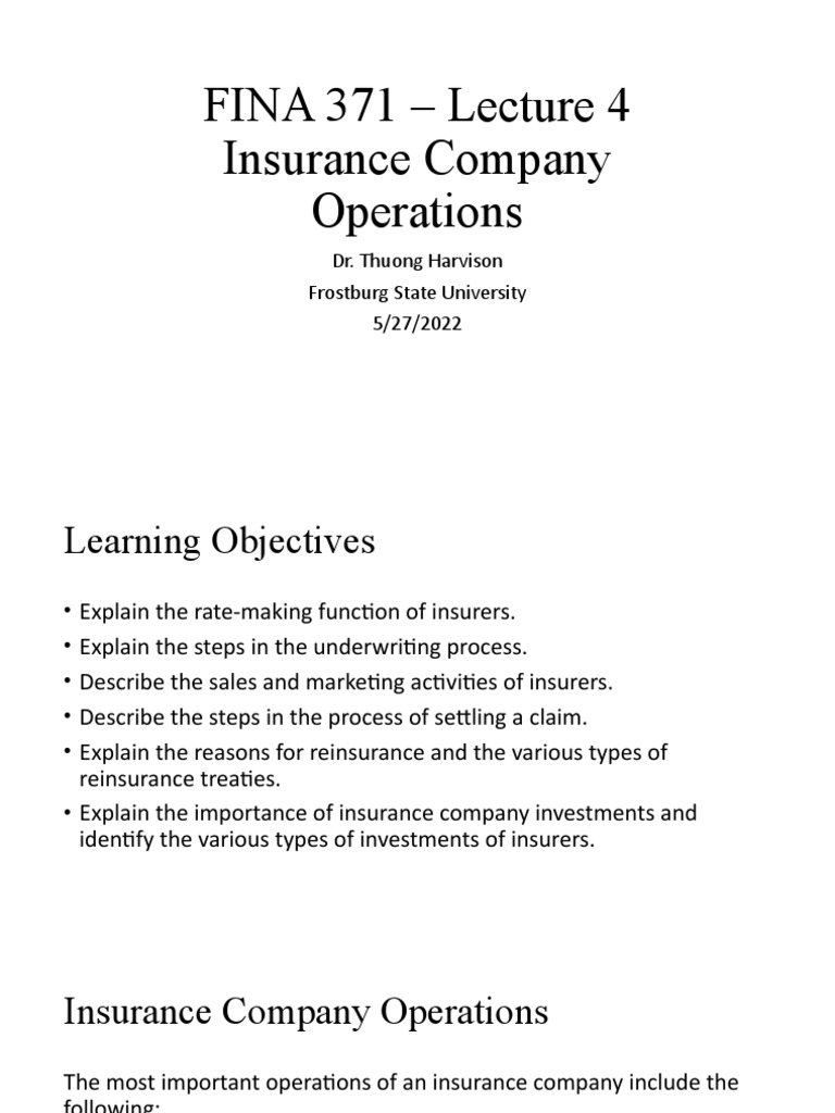 Lecture 4 - Insurance Company Operations (FULL) | PDF | Reinsurance ...
