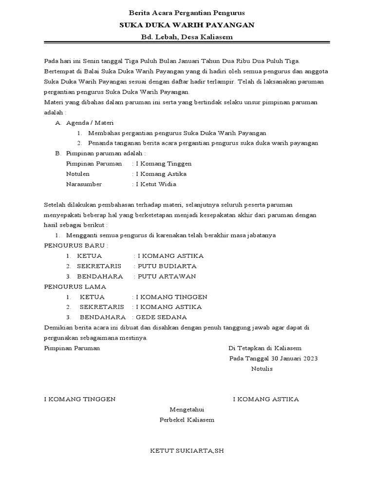 Berita Acara Pergantian Pengurus | PDF