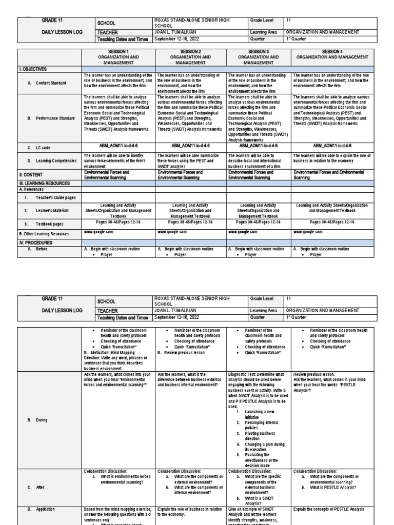 DLL Week 4 Organization | PDF | Swot Analysis | Learning