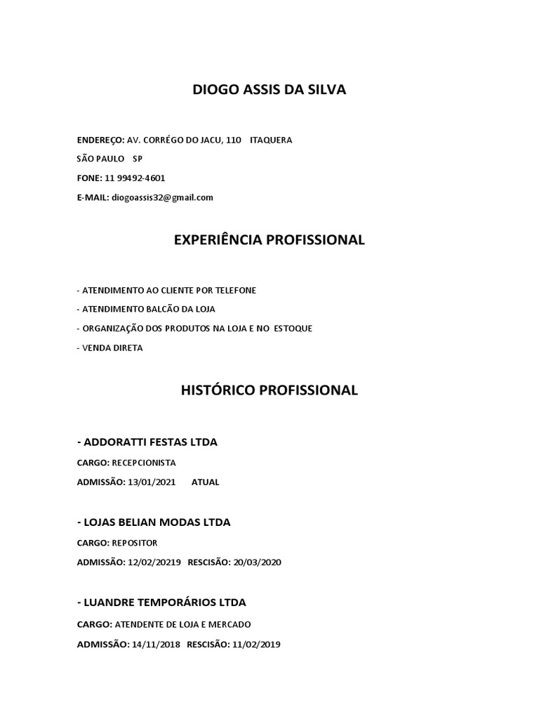 Currículo de Diogo Assis: Atendimento e Vendas | PDF