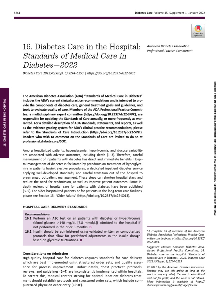 Ada Soc Diabetes in Hospital Setting | PDF | Hypoglycemia | Diabetes ...