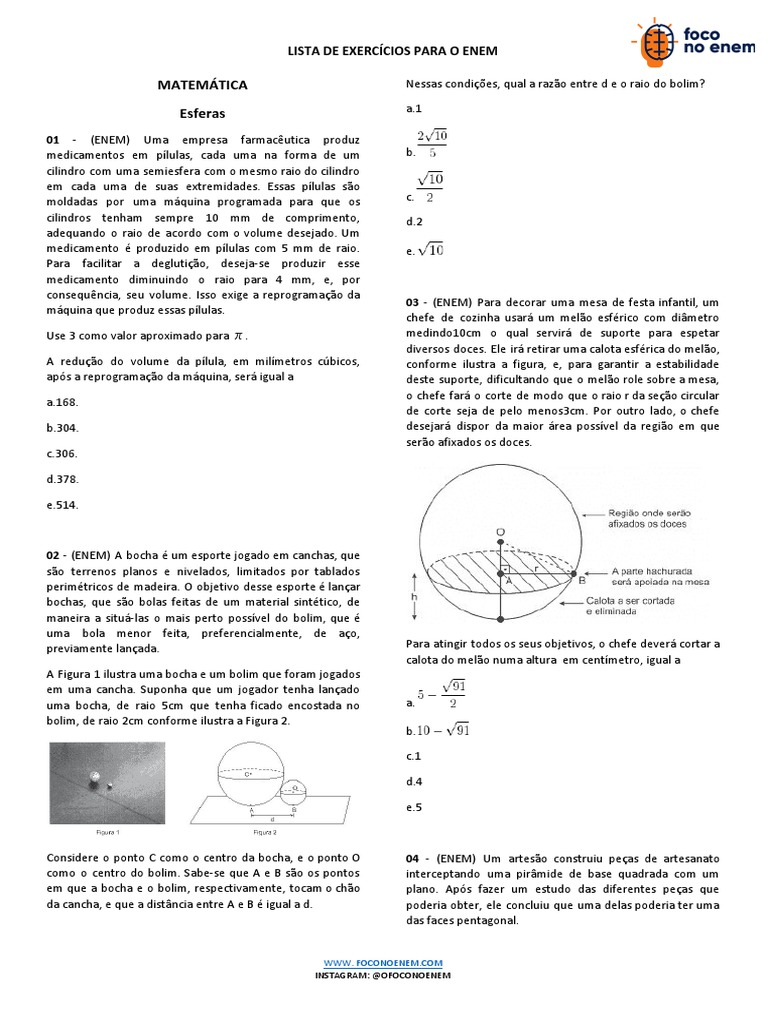 Esferas Lista de Exercicios Matematica ENEM PDF | PDF | Triângulo | Esfera