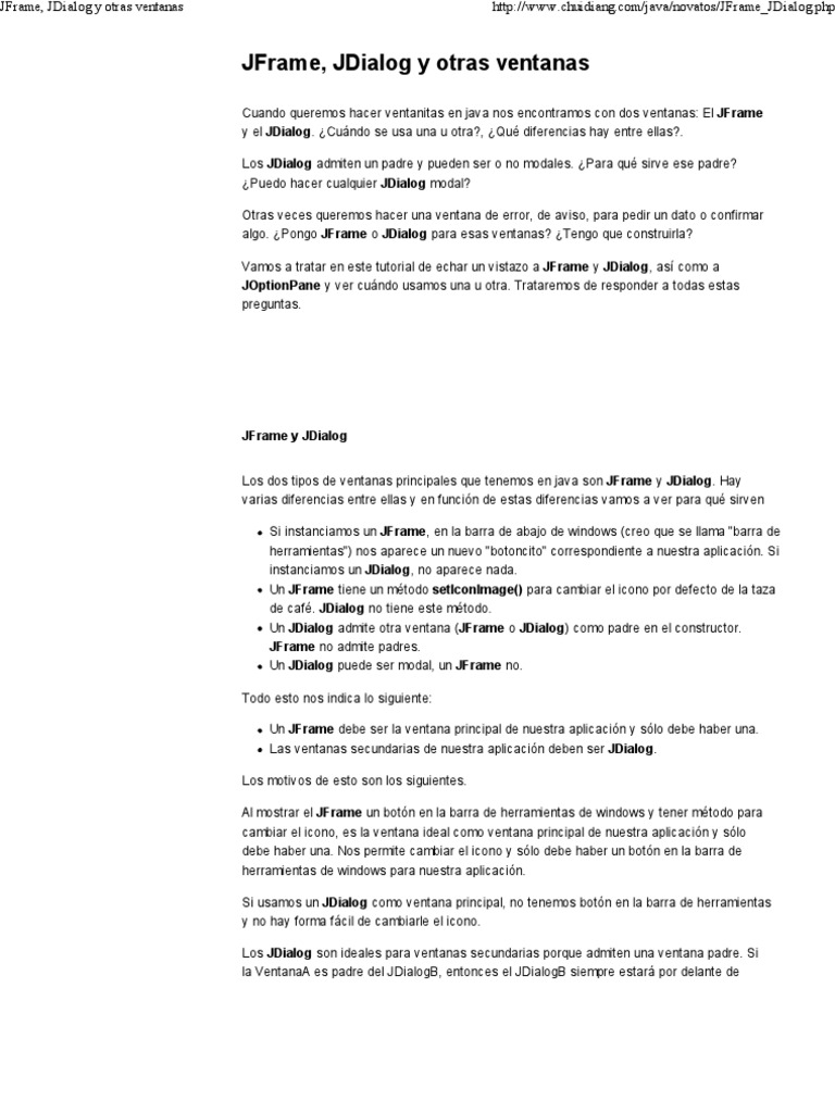Control - JFrame, JDialog, JPanel | PDF | Ventana (informática) | Java (lenguaje de programación)