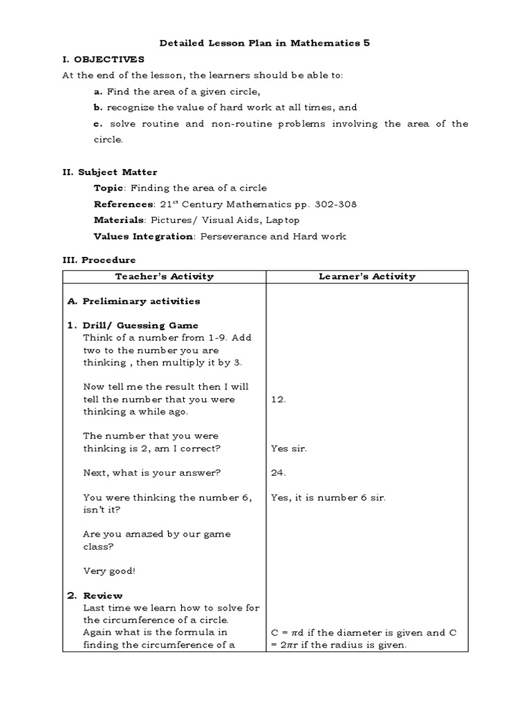 Finding the Area of Circles: A Detailed Lesson Plan on Calculating ...