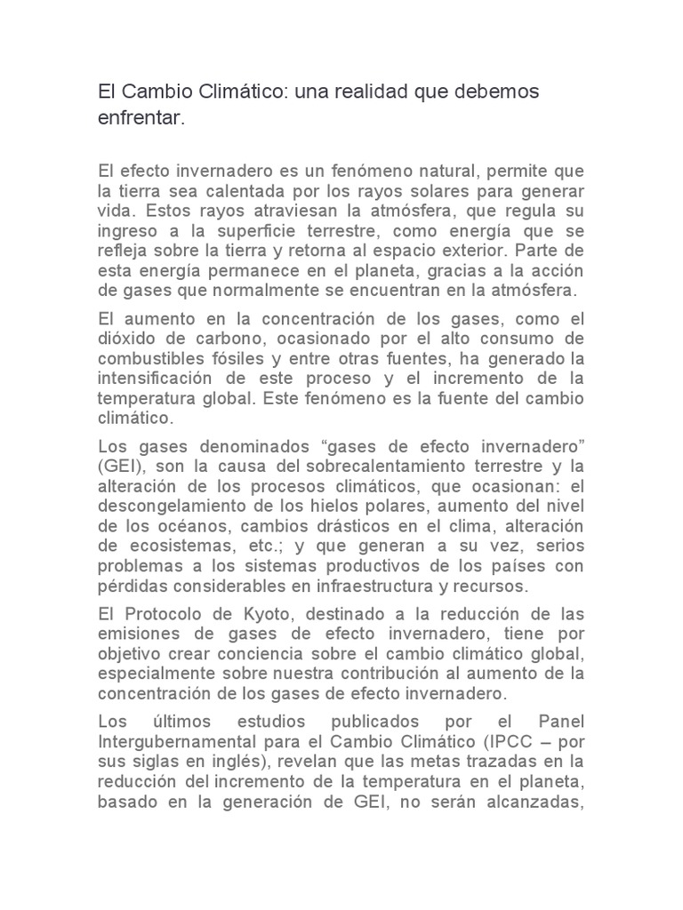 El Cambio Climático Texto | PDF | Gases de efecto invernadero | Cambio ...