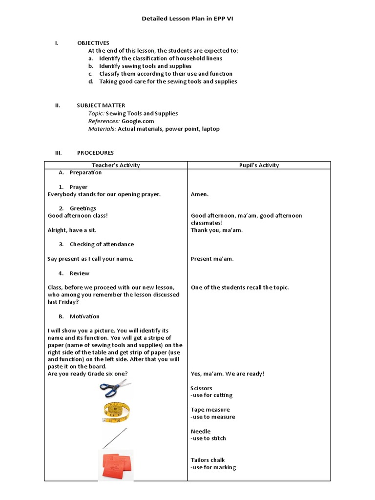 Detailed Lesson Plan in EPP VI | PDF | Sewing | Seam (Sewing)