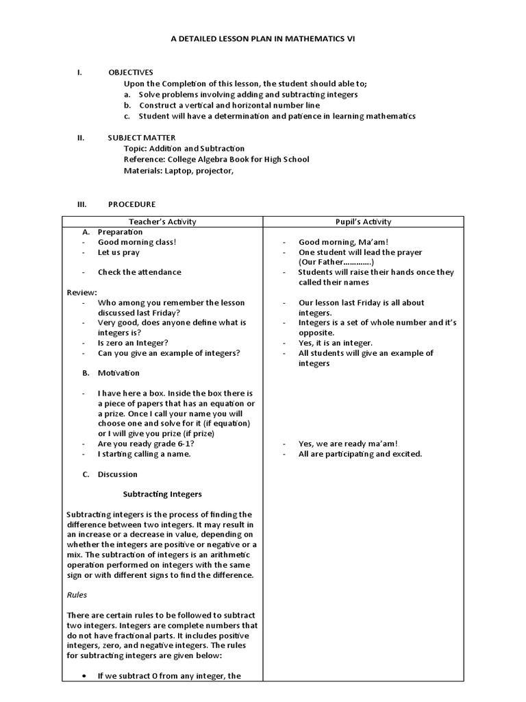 Math VI Lesson Plan: Integers Operations | PDF | Subtraction | Algebra