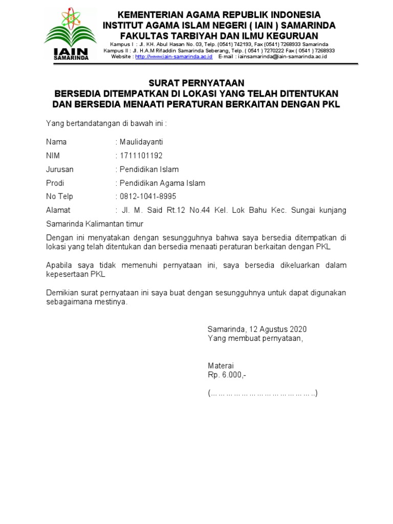 Surat Pernyataan PKL | PDF