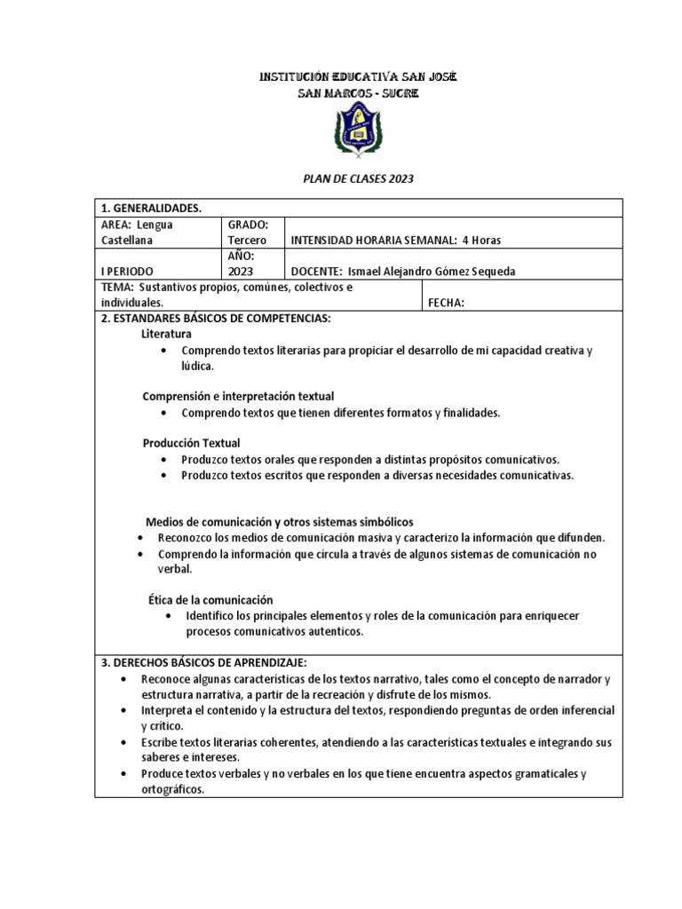 Plan de Clases Lengua Castellana 2023 PDF | PDF | Comunicación | Literatura de fantasía