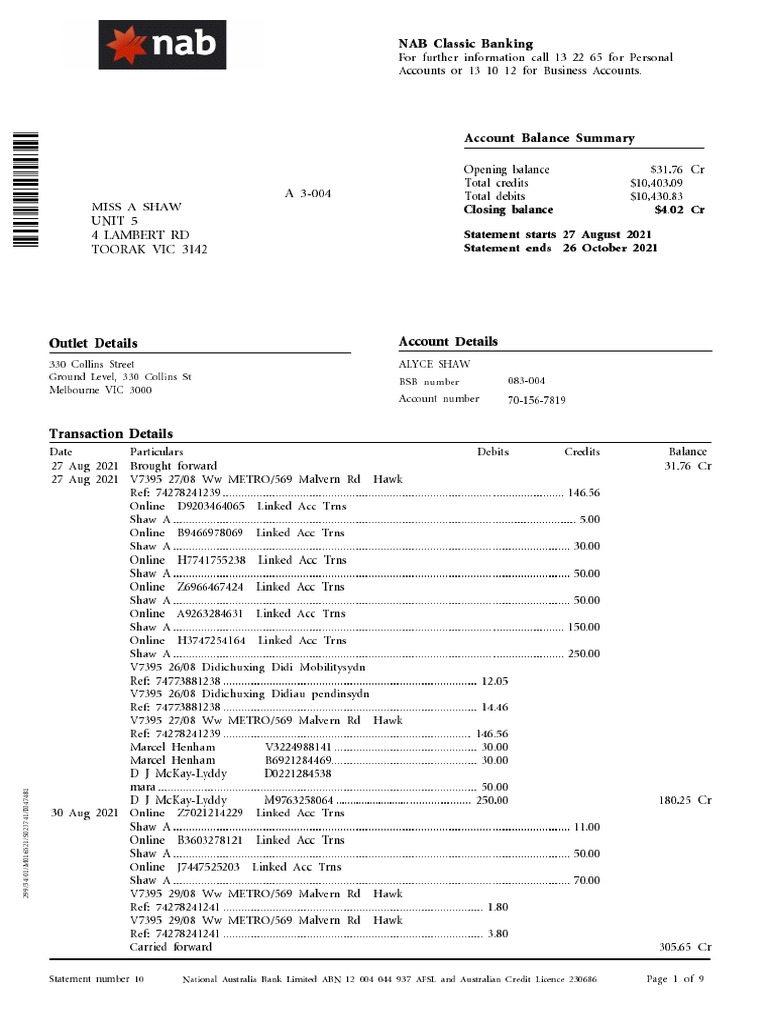 NAB Classic Banking Account Summary | PDF | Debits And Credits | Accounting