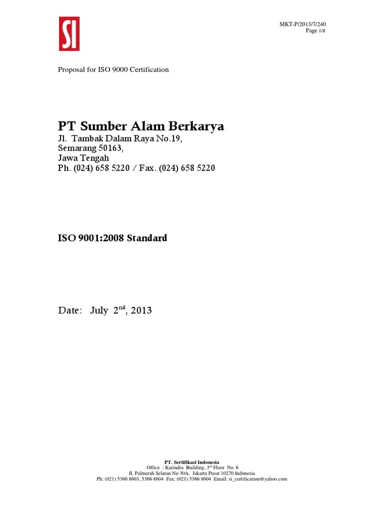 ISO 9000 Certification Proposal for PT Sumber Alam | PDF | Iso 9000 | Audit