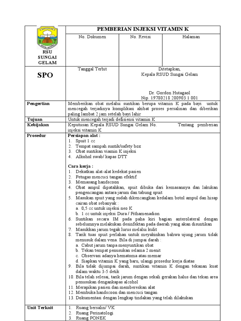Sop Pemberian Injeksi Vitamin K | PDF