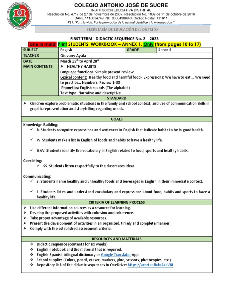 English Second Grade - Didactic Sequence 2 - Term 1 | Download Free PDF ... English Second Grade - Didactic Sequence 2 - Term 1 | Download Free PDF ...