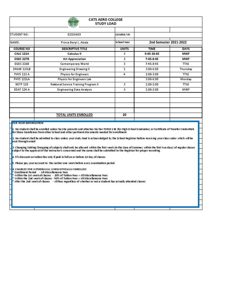 Study Load Template 2 | PDF | Microsoft Excel | Software Engineering