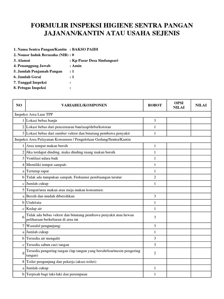Form Ikl Sentra - Pangan - Jajanan - Kantin - Atau - Usaha - Sejenis | PDF