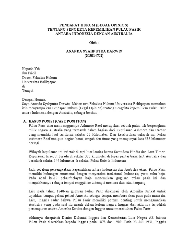 Legal Opinion Pulau Pasir Ananda Syahputra Darwis A2 | PDF