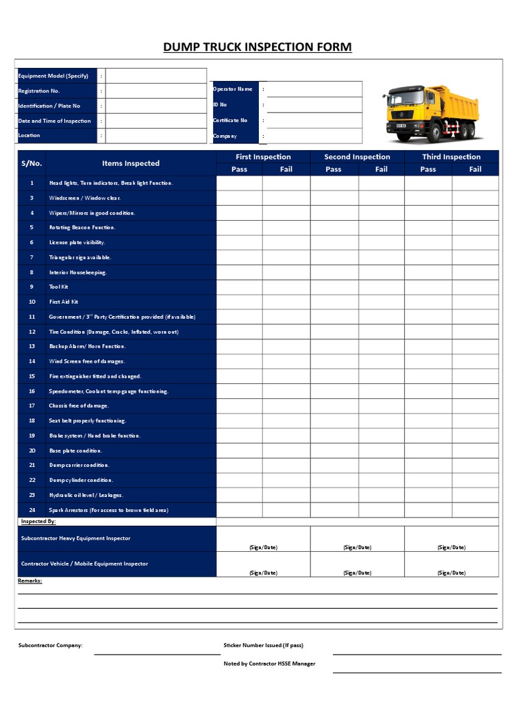 Dump Truck Inspection Checklist Form | PDF | Vehicles | Motor Vehicle