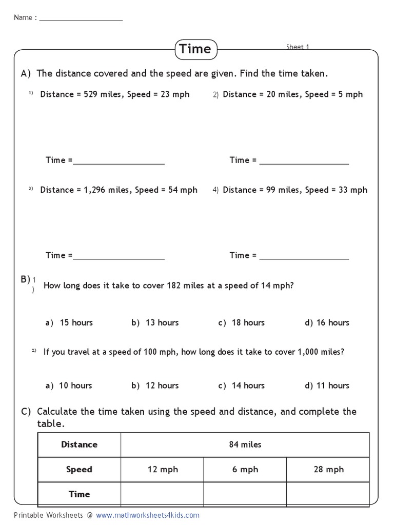 Speed Distance Time Worksheet | PDF