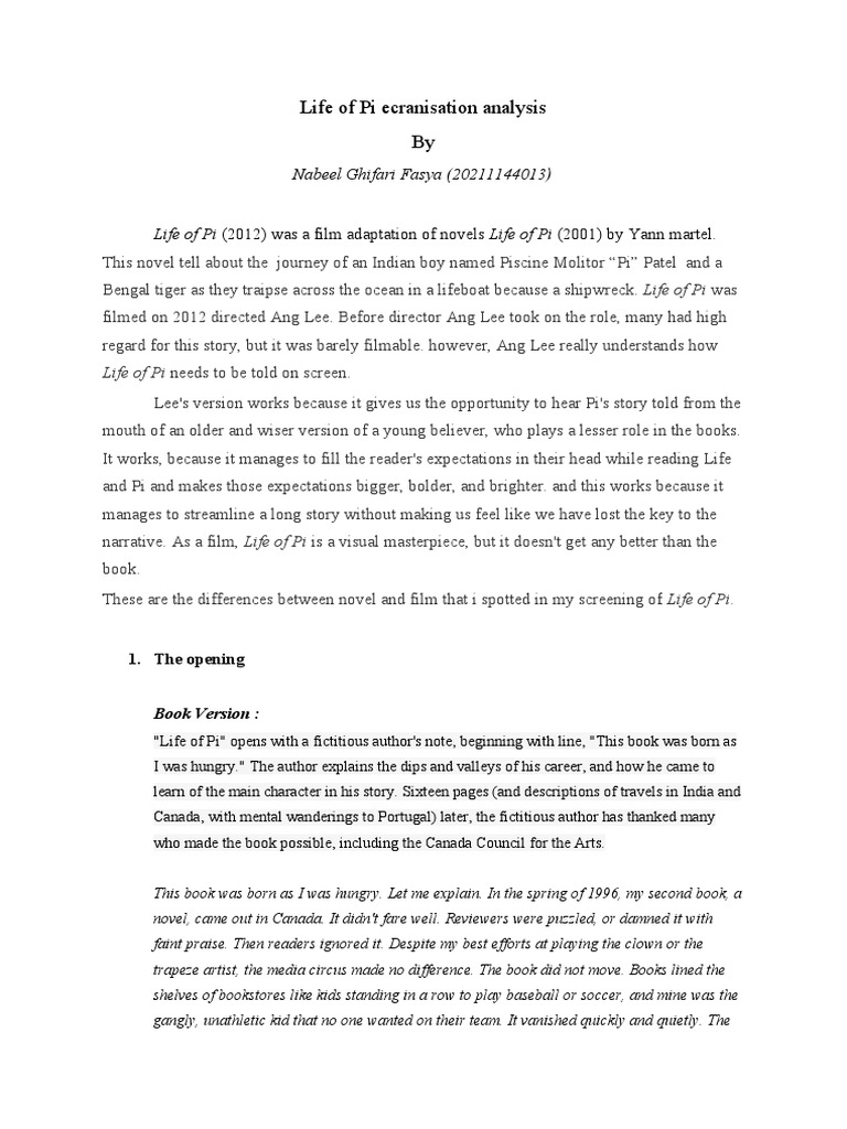 Life of Pi Film vs. Book Analysis | PDF | Mystery, Thriller & Crime ...