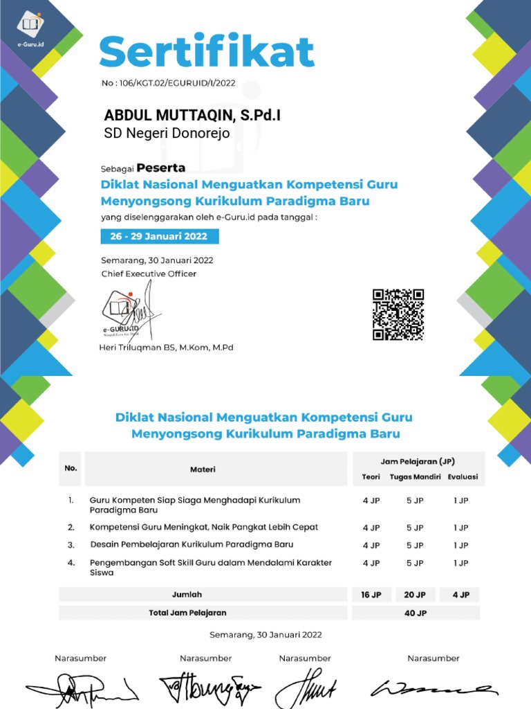 ABDUL MUTTAQIN, S.Pd.I Sertifikat 40JP Januari K2022 Eguru PDF | PDF