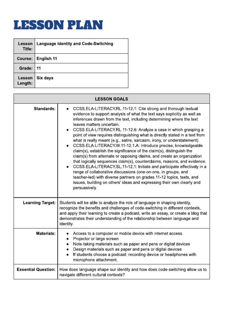 Code Switching Lesson Pdf 